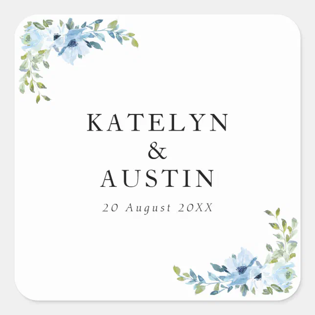 light blue floral wedding square sticker | Zazzle