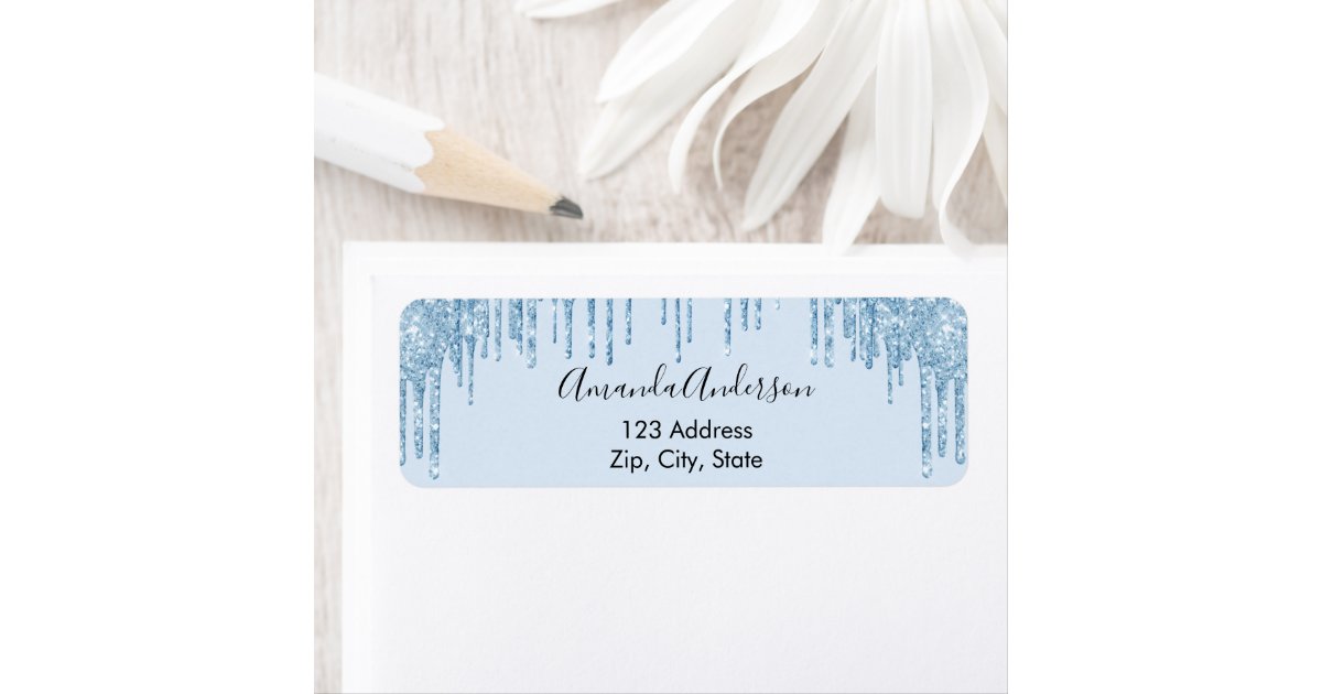 Light blue glitter drips return address label | Zazzle