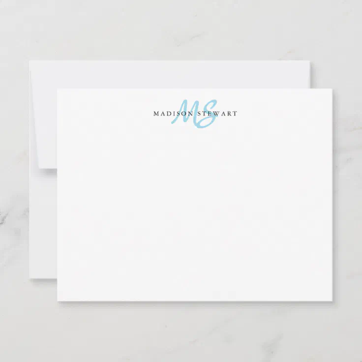 Light Blue Modern Stylish Brush Script Monogram Note Card | Zazzle