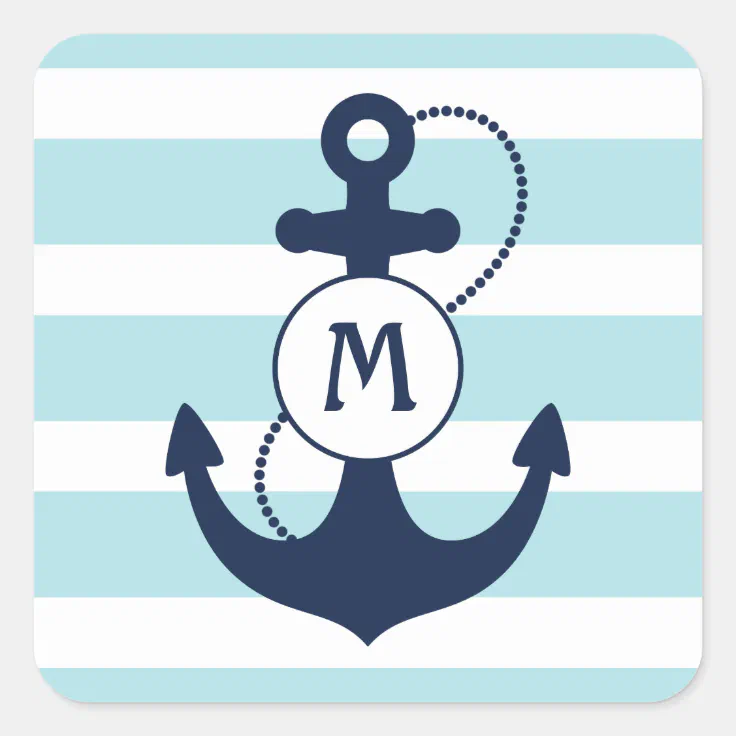 Light Blue Nautical Anchor Monogram Square Sticker | Zazzle