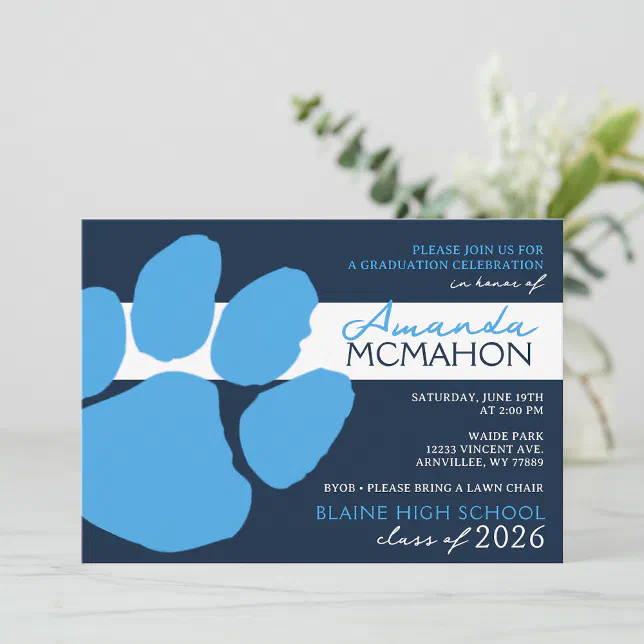 Light Blue & Navy Elegant Pawprint (Photo Back) Invitation | Zazzle