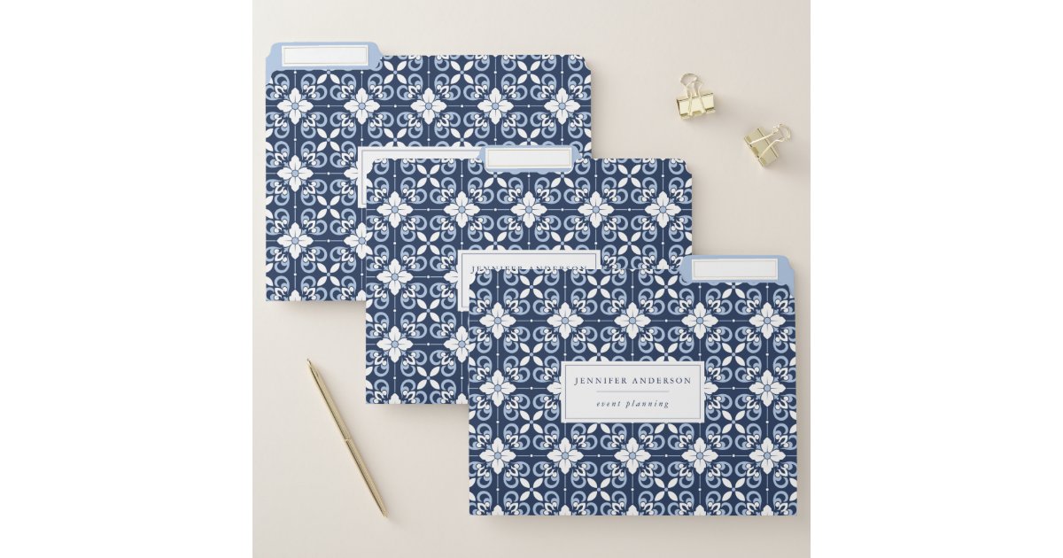 Light Blue & Navy Moroccan Floral Pattern File Folder | Zazzle
