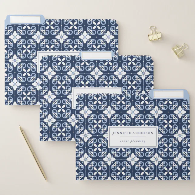 Light Blue & Navy Moroccan Floral Pattern File Folder | Zazzle