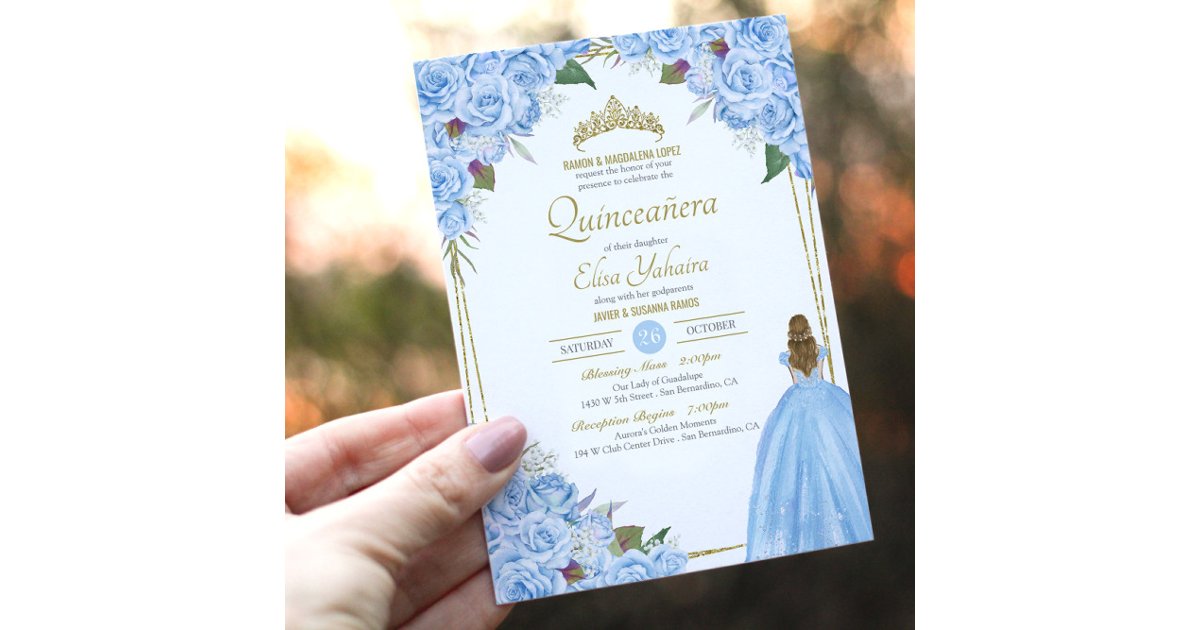 Light Blue Quinceanera Elegant Dress Rose Floral Invitation | Zazzle