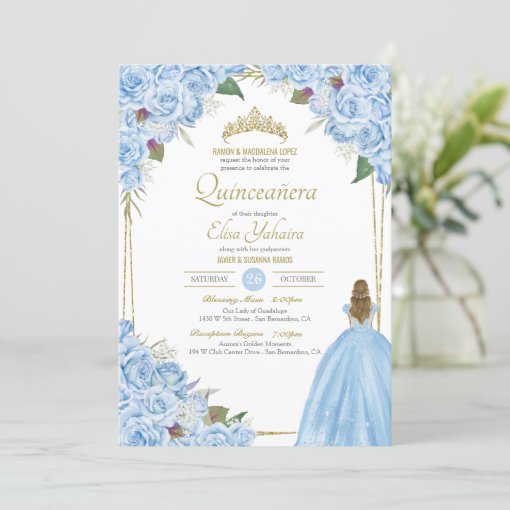 Light Blue Quinceanera Elegant Dress Rose Floral Invitation | Zazzle
