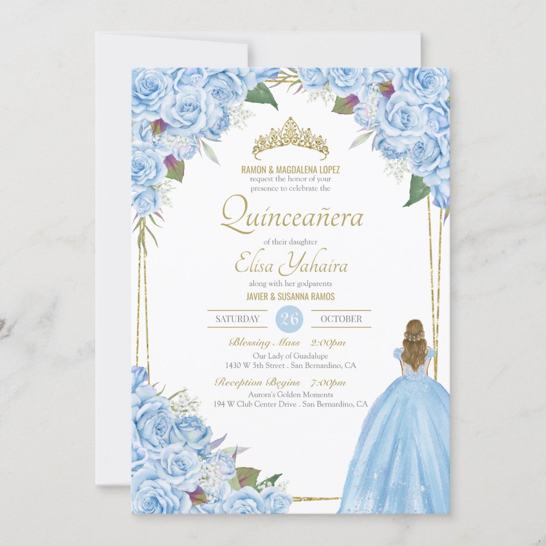 Light Blue Quinceanera Elegant Dress Rose Floral Invitation | Zazzle
