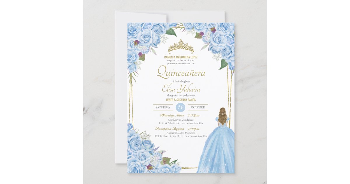 Light Blue Quinceanera Elegant Dress Rose Floral Invitation | Zazzle