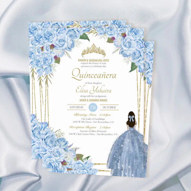 Light Blue Quinceanera Floral Rose Elegant Quince Invitation | Zazzle