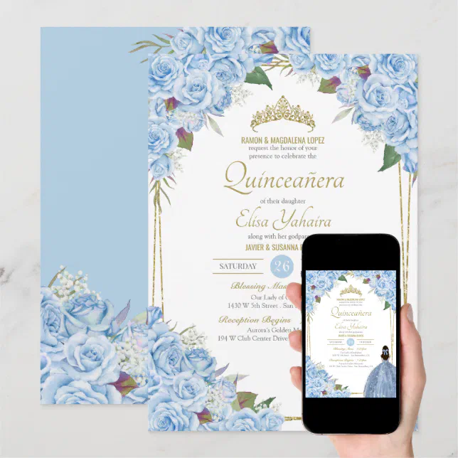 Light Blue Quinceanera Floral Rose Elegant Quince Invitation | Zazzle