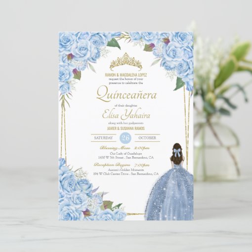 Light Blue Quinceanera Floral Rose Elegant Quince Invitation | Zazzle