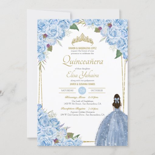 Light Blue Quinceanera Floral Rose Elegant Quince Invitation | Zazzle