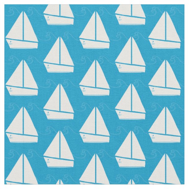 Blue Sailboat Pattern Nautical White Fabric | Zazzle