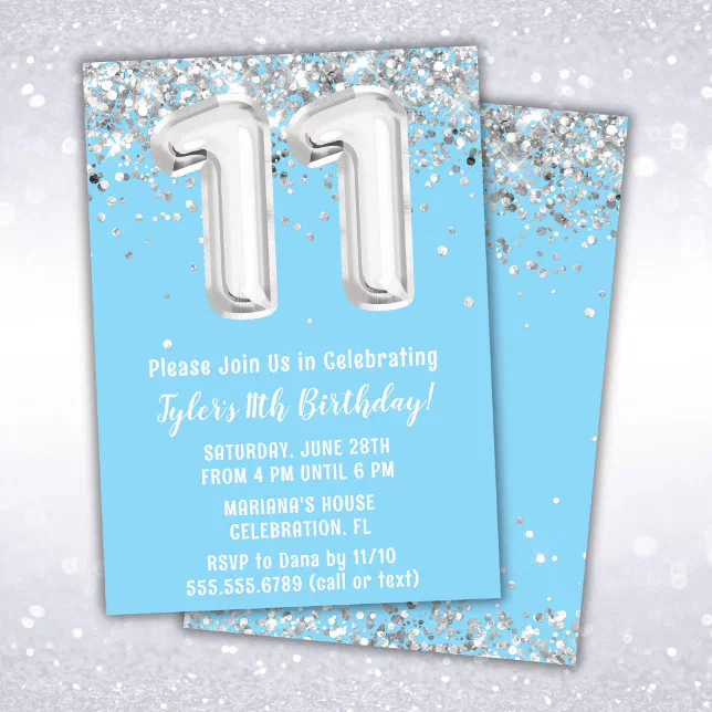 Light Blue Silver 11th Birthday Party Invitation | Zazzle