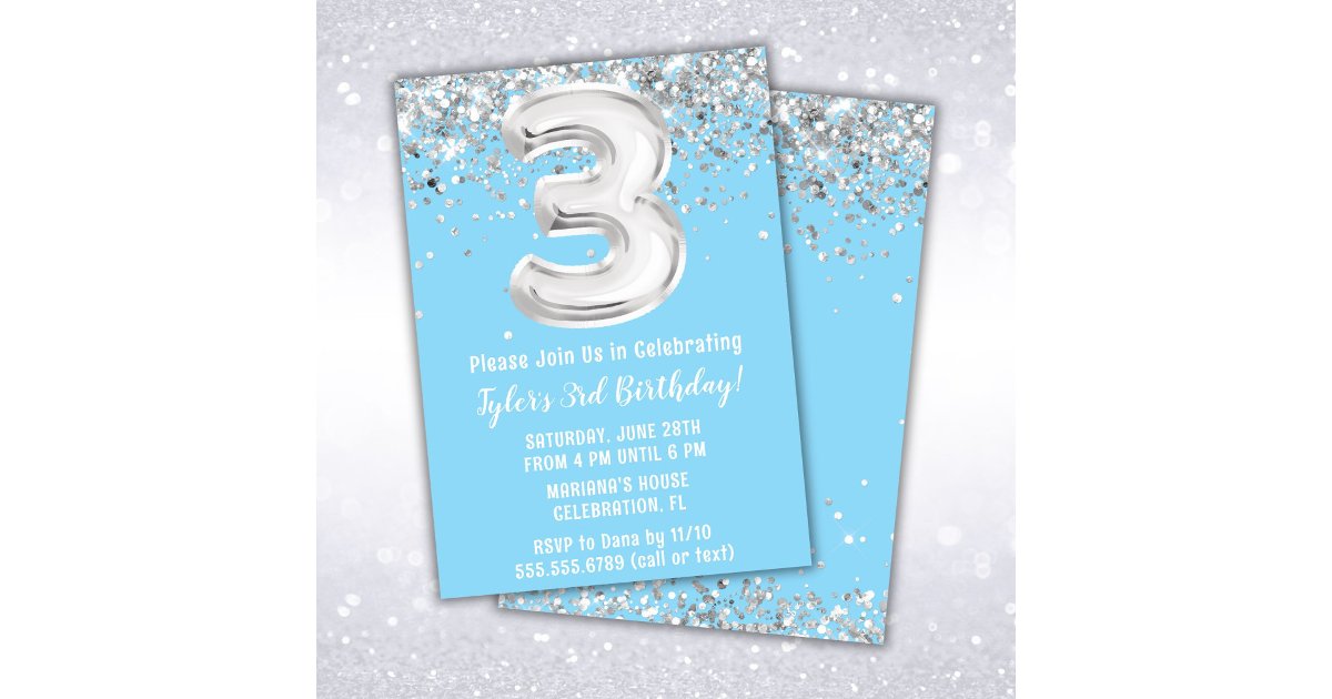 Light Blue Silver 3rd Birthday Party Invitation | Zazzle