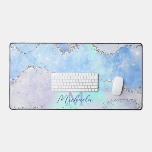 Light Blue Silver Glitter Sparkle Agate Monogram Desk Mat | Zazzle