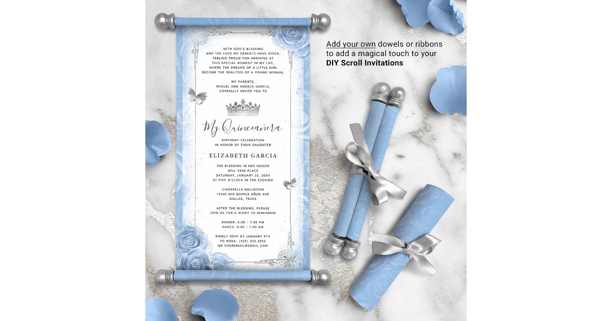 Light Blue Silver Quince DIY Scroll Invitations | Zazzle