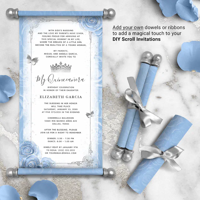 Light Blue Silver Quince DIY Scroll Invitations | Zazzle