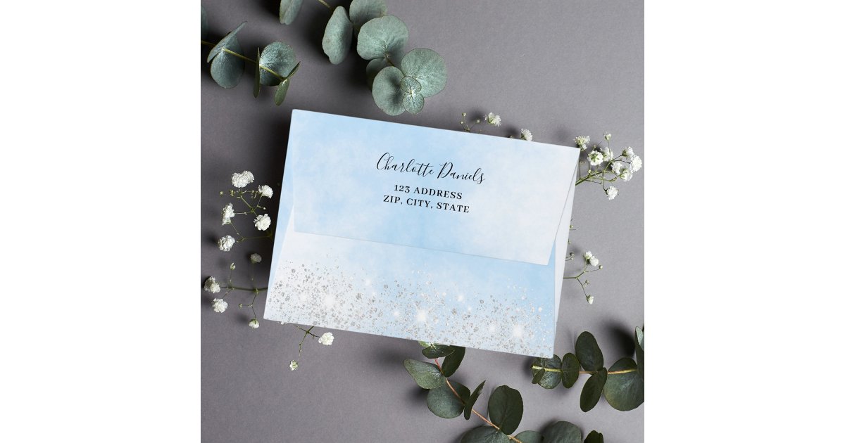 Light blue sky silver glitter return address envelope | Zazzle