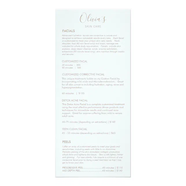 Light Blue Spa Skincare White Service Price Menu | Zazzle