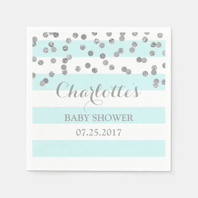 Light Blue Stripes Silver Confetti Baby Shower Paper Napkins | Zazzle