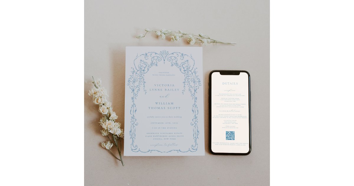 Light Blue Victorian Frame Wedding Invitation | Zazzle