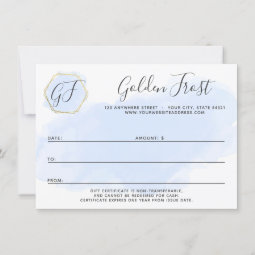 Light Blue Watercolor & Gold Gift Certificate Card | Zazzle