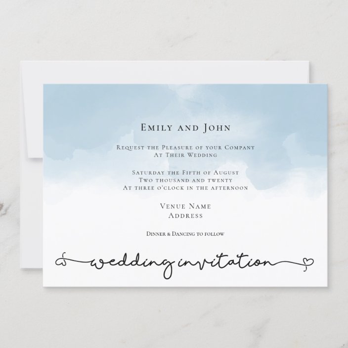 Light Blue Watercolor Heart Swash Script Wedding Invitation | Zazzle.com