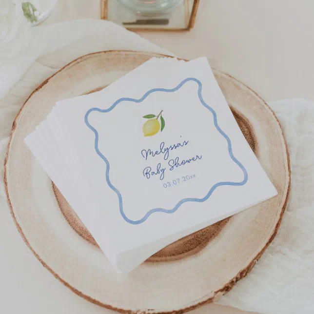 Light Blue Wavy Border Lemons Sweet Baby Shower Napkins | Zazzle