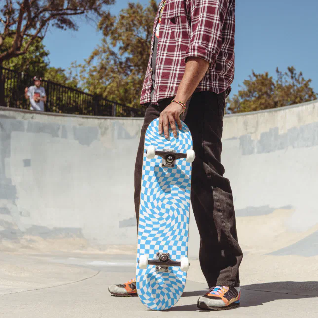 Light Blue & White Checkered Checkerboard Pattern Skateboard | Zazzle