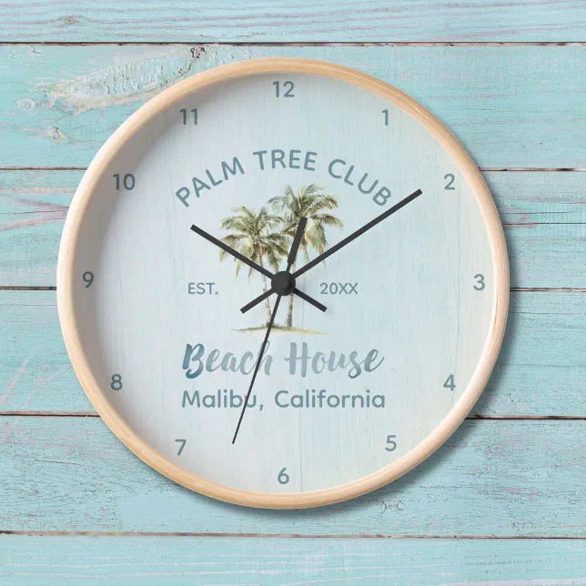 Light Blue Wood Palm Trees Modern Beach House Clock | Zazzle