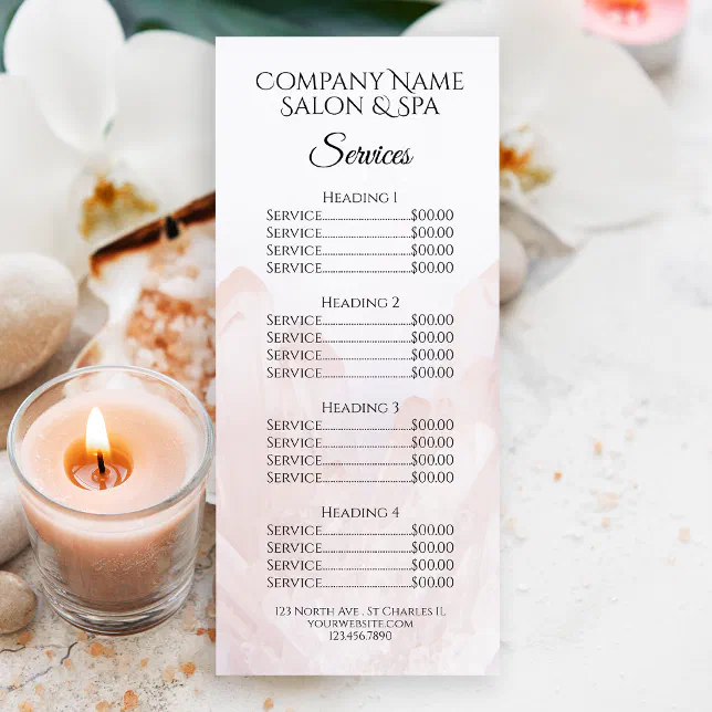 Light Blush Pink Crystals Spa Salon Service Menu | Zazzle