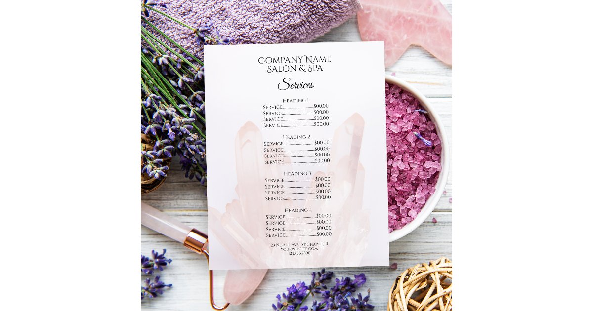 Light Blush Pink Crystals Spa Salon Services Menu Flyer | Zazzle