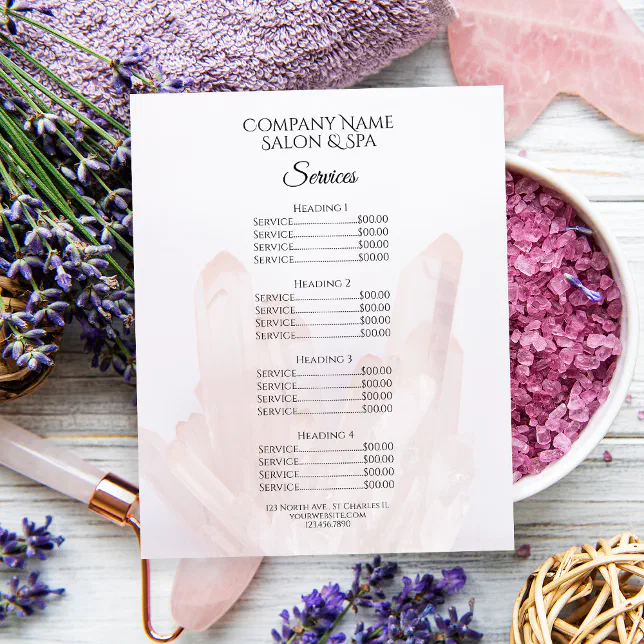 Light Blush Pink Crystals Spa Salon Services Menu Flyer | Zazzle