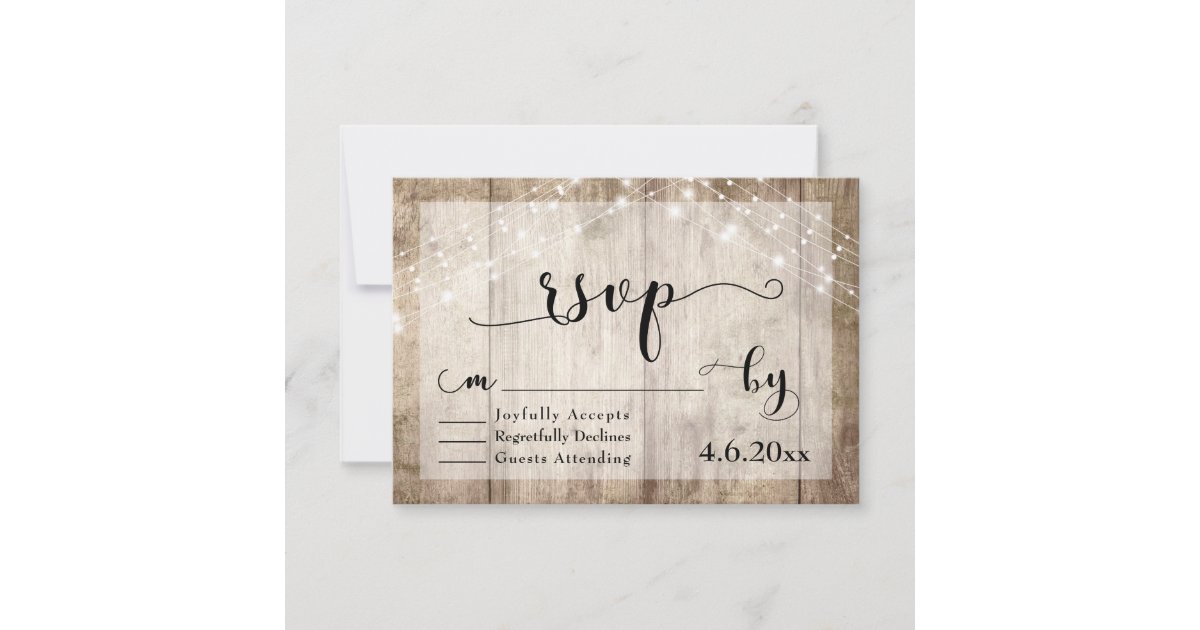 Light Brown Rustic Wood & Lights Wedding RSVP | Zazzle