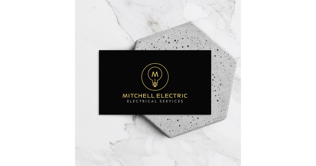 LIGHT BULB MONOGRAM LOGO on BLACK for ELECTRICIANS Business Card | Zazzle