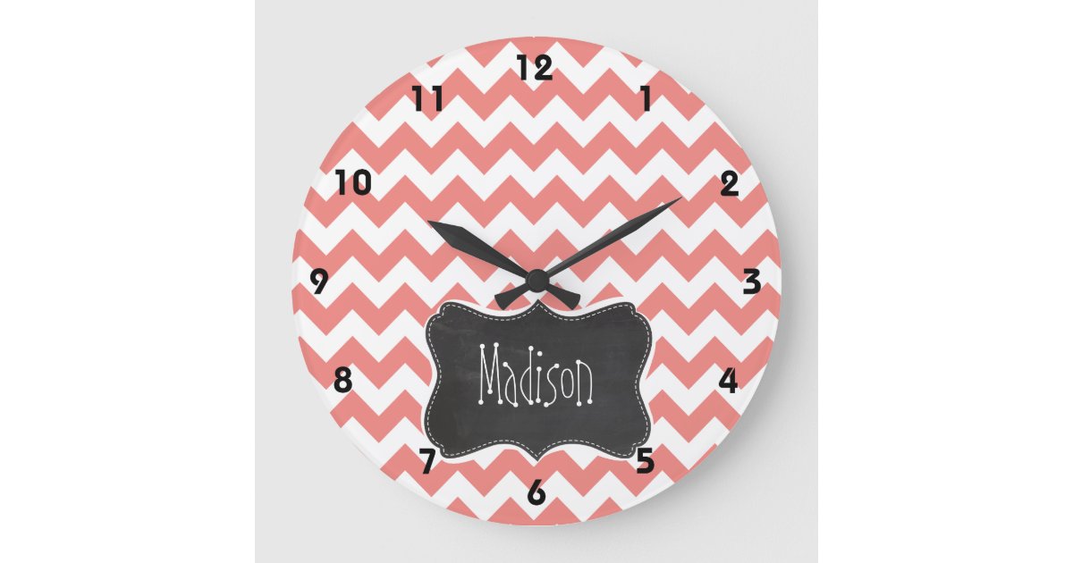 Light Coral Chevron Stripes; Chalkboard look Large Clock | Zazzle