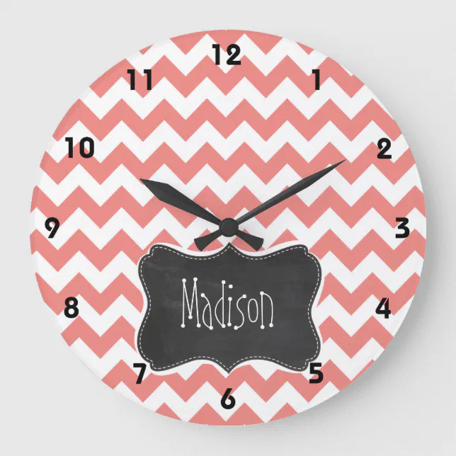 Light Coral Chevron Stripes; Chalkboard look Large Clock | Zazzle