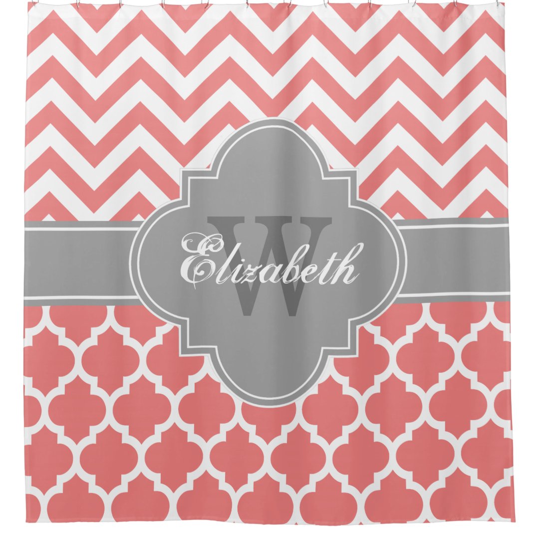 Light Coral Dk Gray Wht Moroccan 5 Chevron 1iqrn Shower Curtain Zazzle
