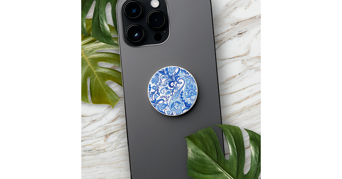 Light Dark Blue White Floral Paisley Art PopSocket | Zazzle