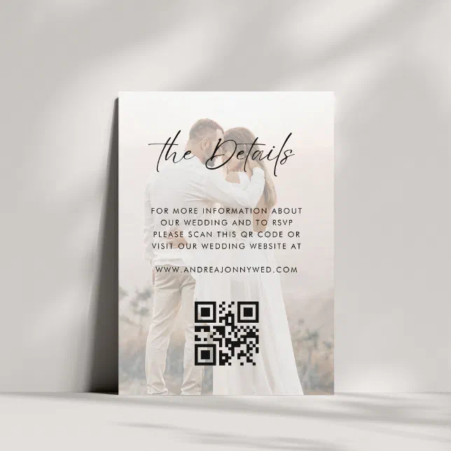 Light Faded Photo QR Code Simple Wedding Details Enclosure Card | Zazzle