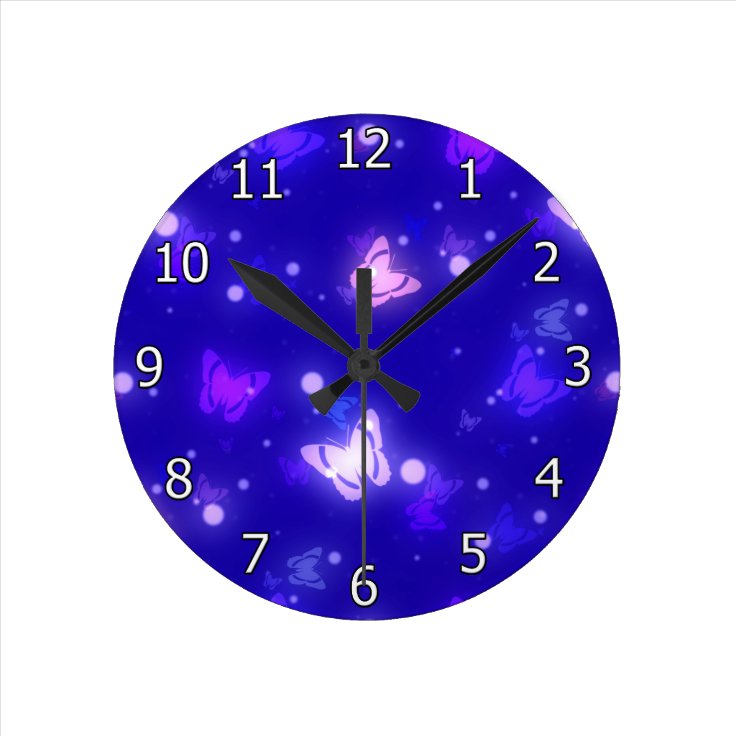 Light Glow Butterflies Dark Blue Design Round Clock | Zazzle