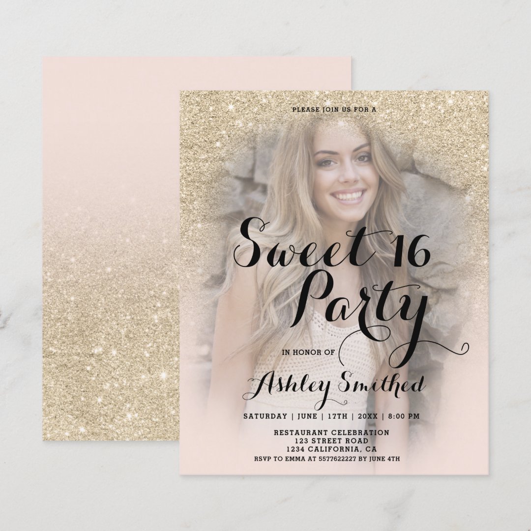 light gold glitter elegant photo budget Sweet 16 | Zazzle