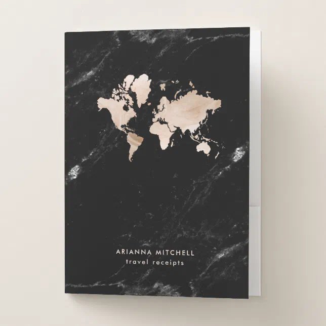 Light Gold World Map on Black Marble Pocket Folder | Zazzle