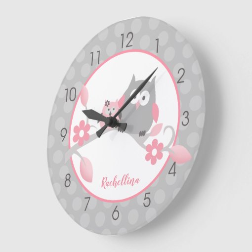 Light Gray and Pink Happy Owls Girl Nursery Large Clock | Zazzle