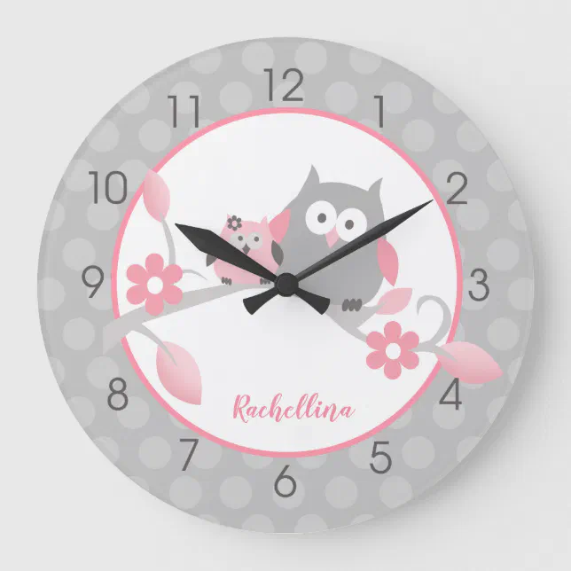 Light Gray and Pink Happy Owls Girl Nursery Large Clock | Zazzle