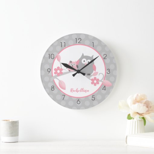 Light Gray and Pink Happy Owls Girl Nursery Large Clock | Zazzle