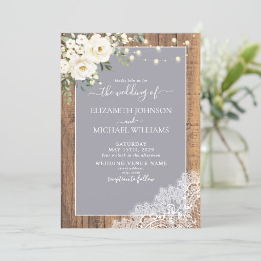 Light Gray Rustic Wood Script Lace Photo Wedding Invitation | Zazzle