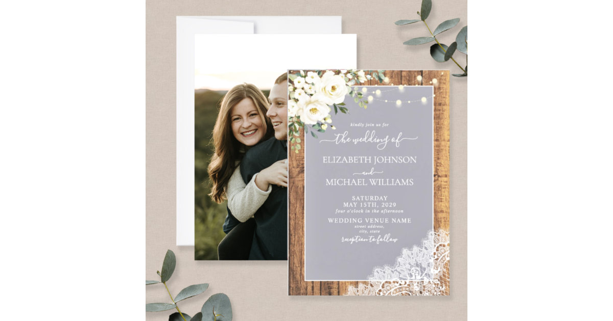 Light Gray Rustic Wood Script Lace Photo Wedding Invitation | Zazzle