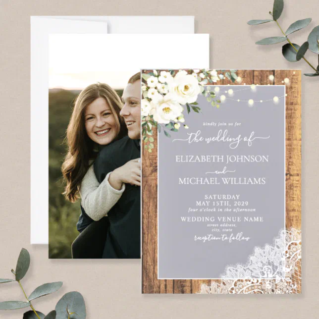 Light Gray Rustic Wood Script Lace Photo Wedding Invitation | Zazzle