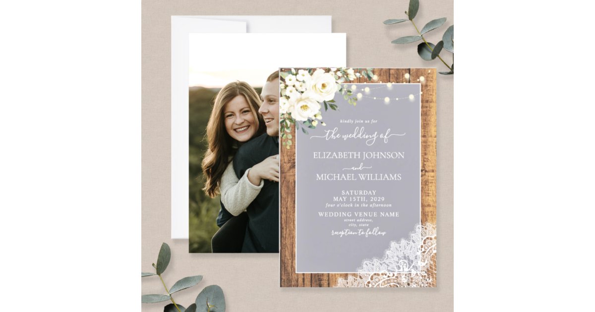 Light Gray Rustic Wood Script Lace Photo Wedding Invitation | Zazzle